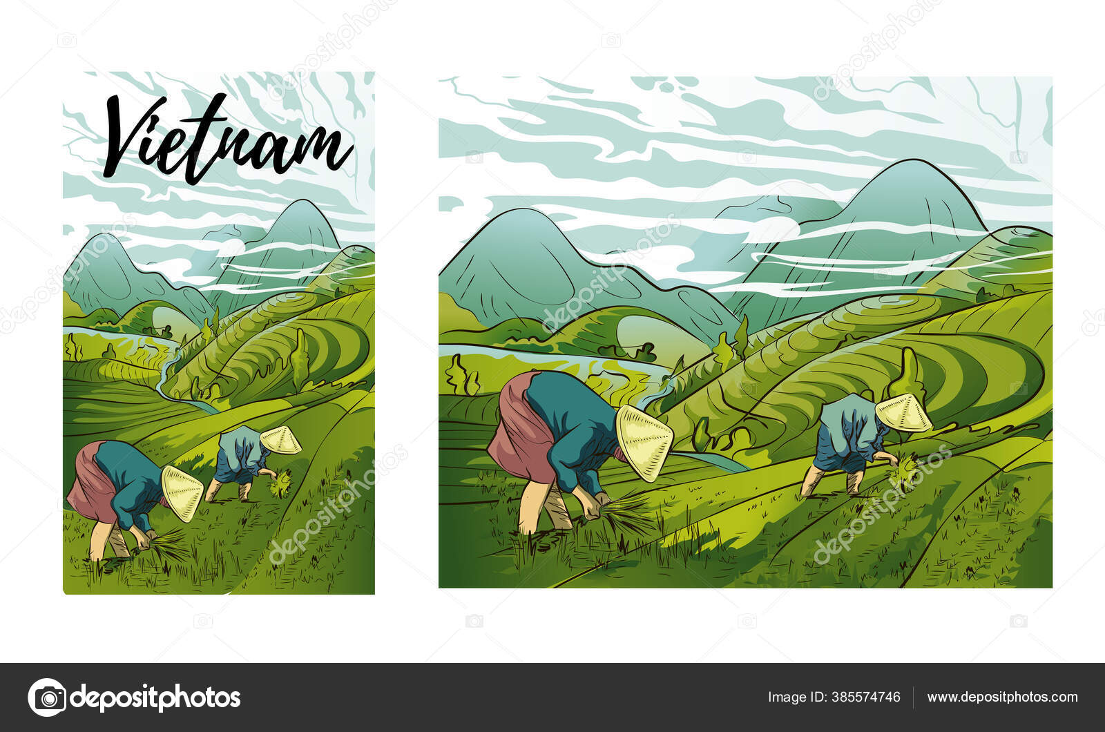 Illustration Farmers Planting Rice Fields Rice Field Terraces Mountains ...