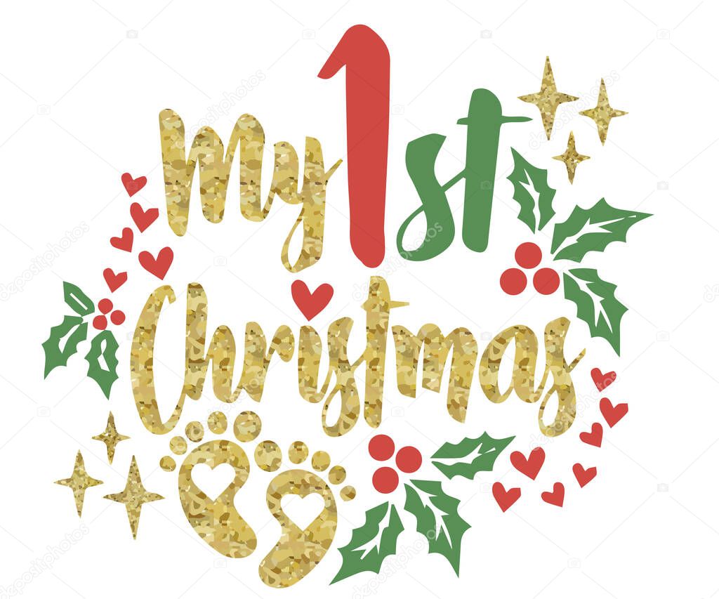 mi primer año nuevo. Mi primer paquete de Navidad. Letras dibujadas a ...