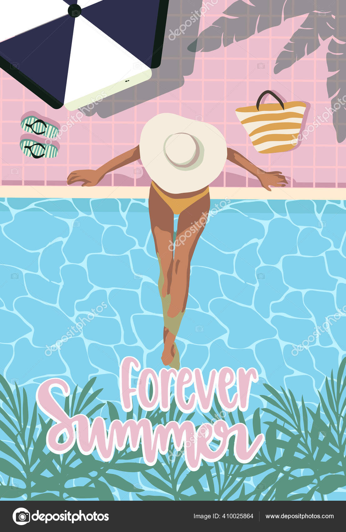 Woman Hat Pool Cartoon Vector Illustration Summer Time Poster Flat ...