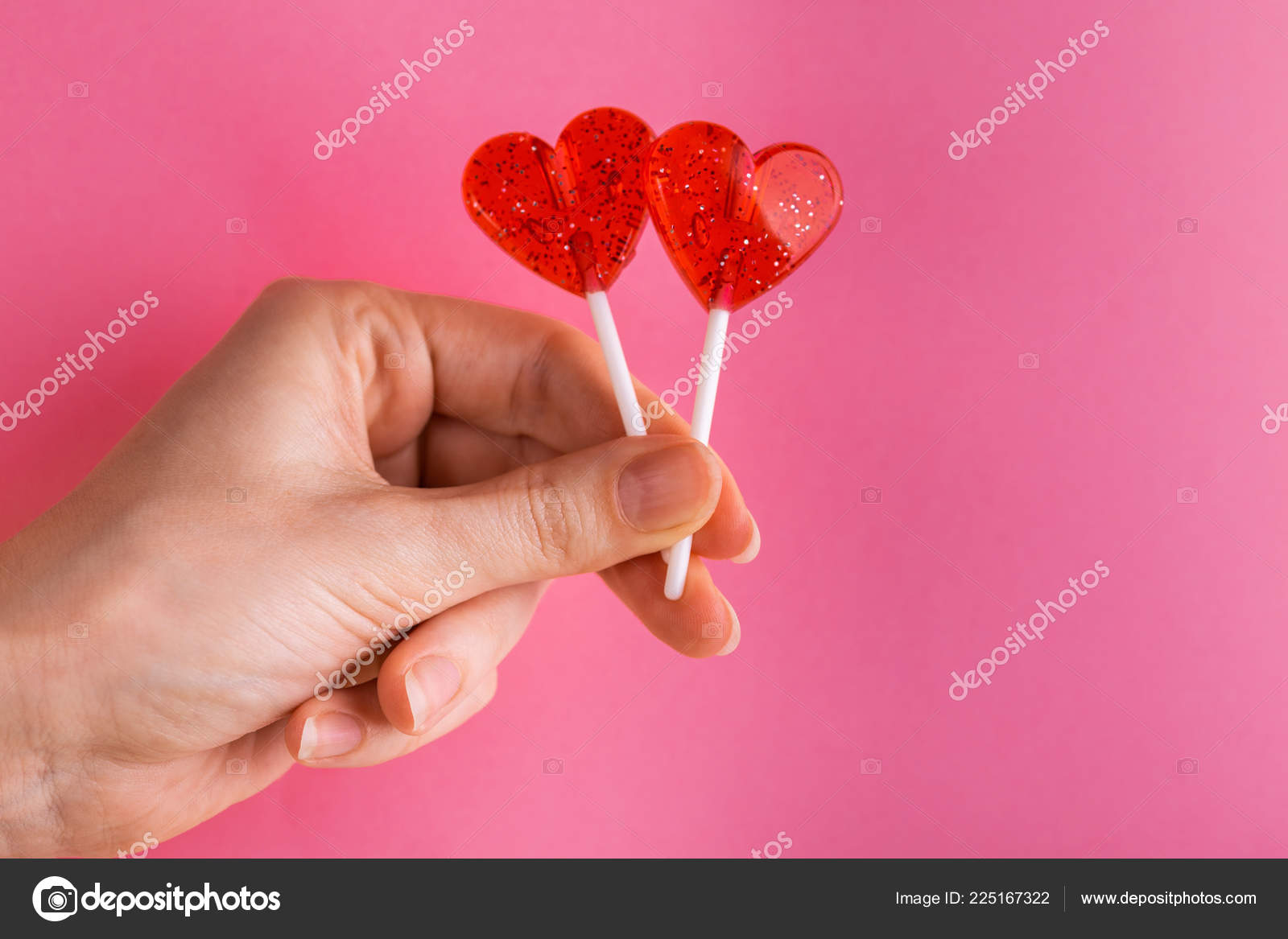 Two Sweet Bright Red Lollipops Woman's Hand Bright Pink Background ...