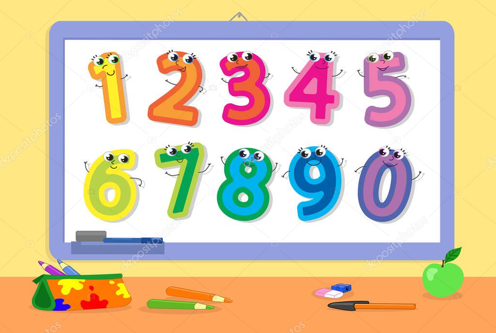 Pizarra escolar con lindos números de dibujos animados, ilustración ...