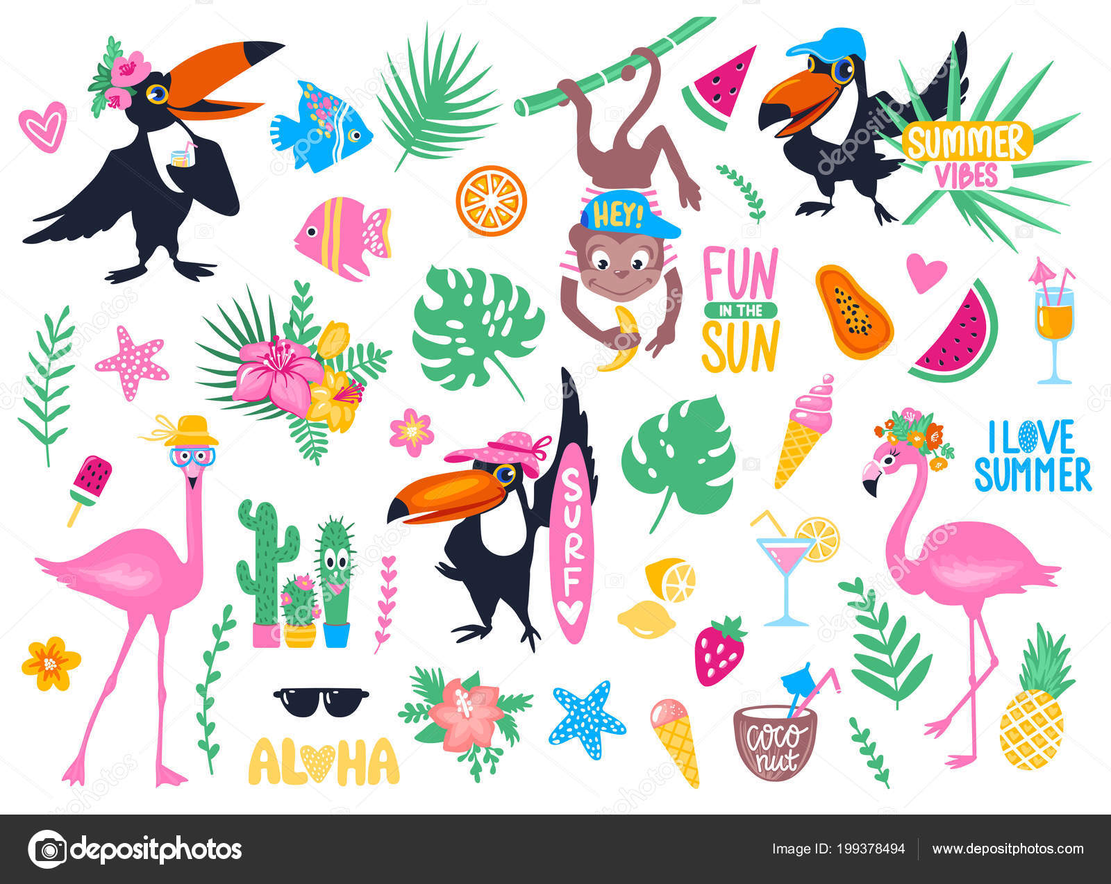 Vector set with cartoon tropical elements Stock Vector Image by ...