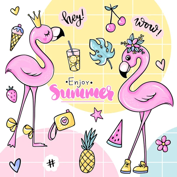 Big cute summer stickers set with flamingos, palm tree, ice cream ...