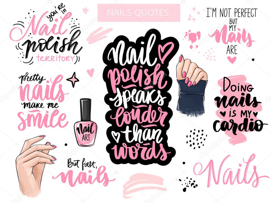 Conjunto de uñas y manicura con manos de mujer, letras manuscritas ...