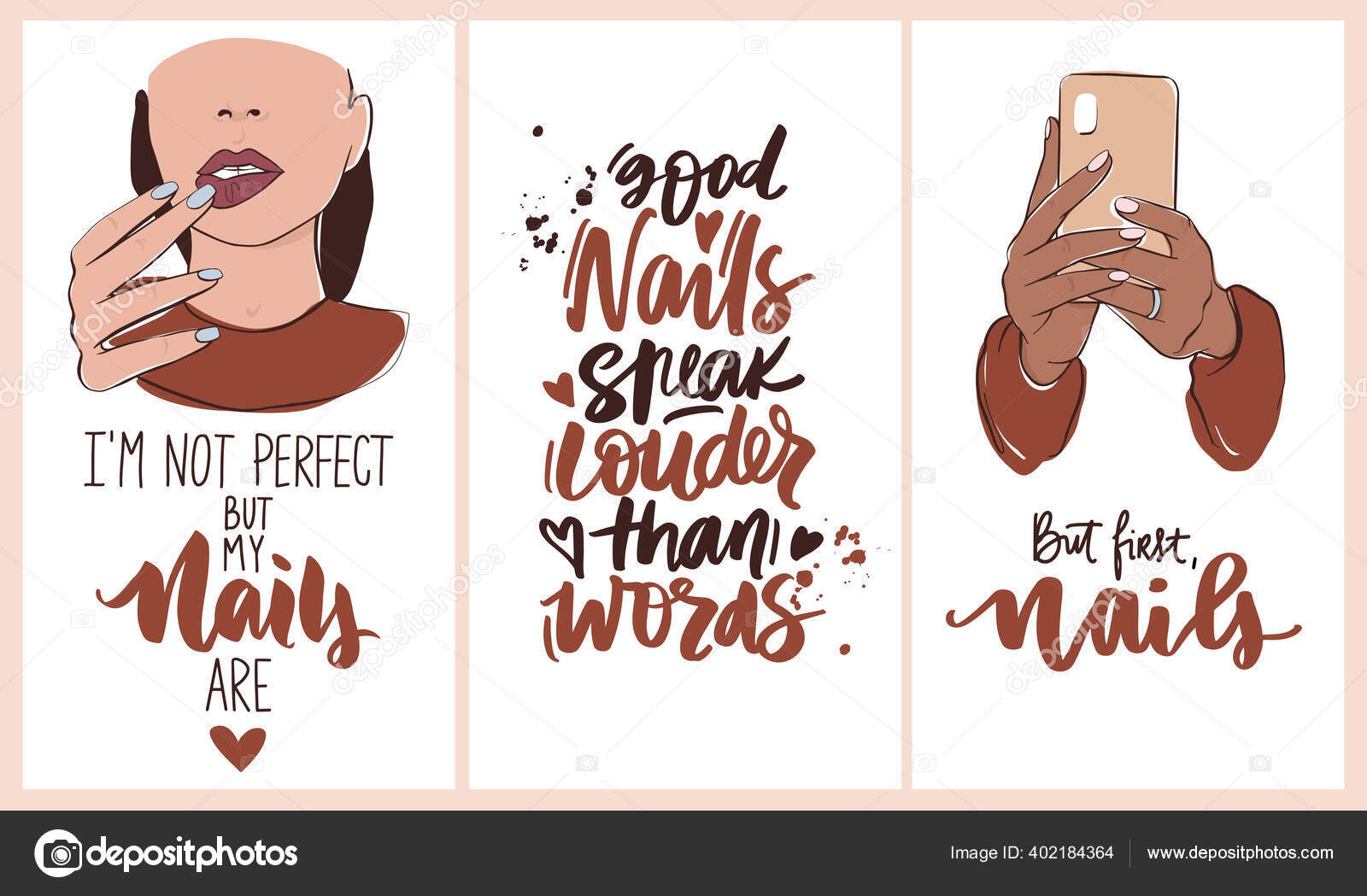 Nails and manicure set with woman hands, handwritten lettering phrases ...