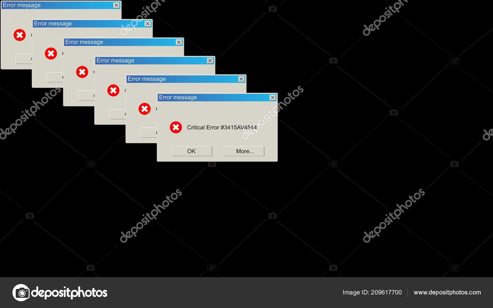 Many windows with critical error notification, problem warning backdrop ...