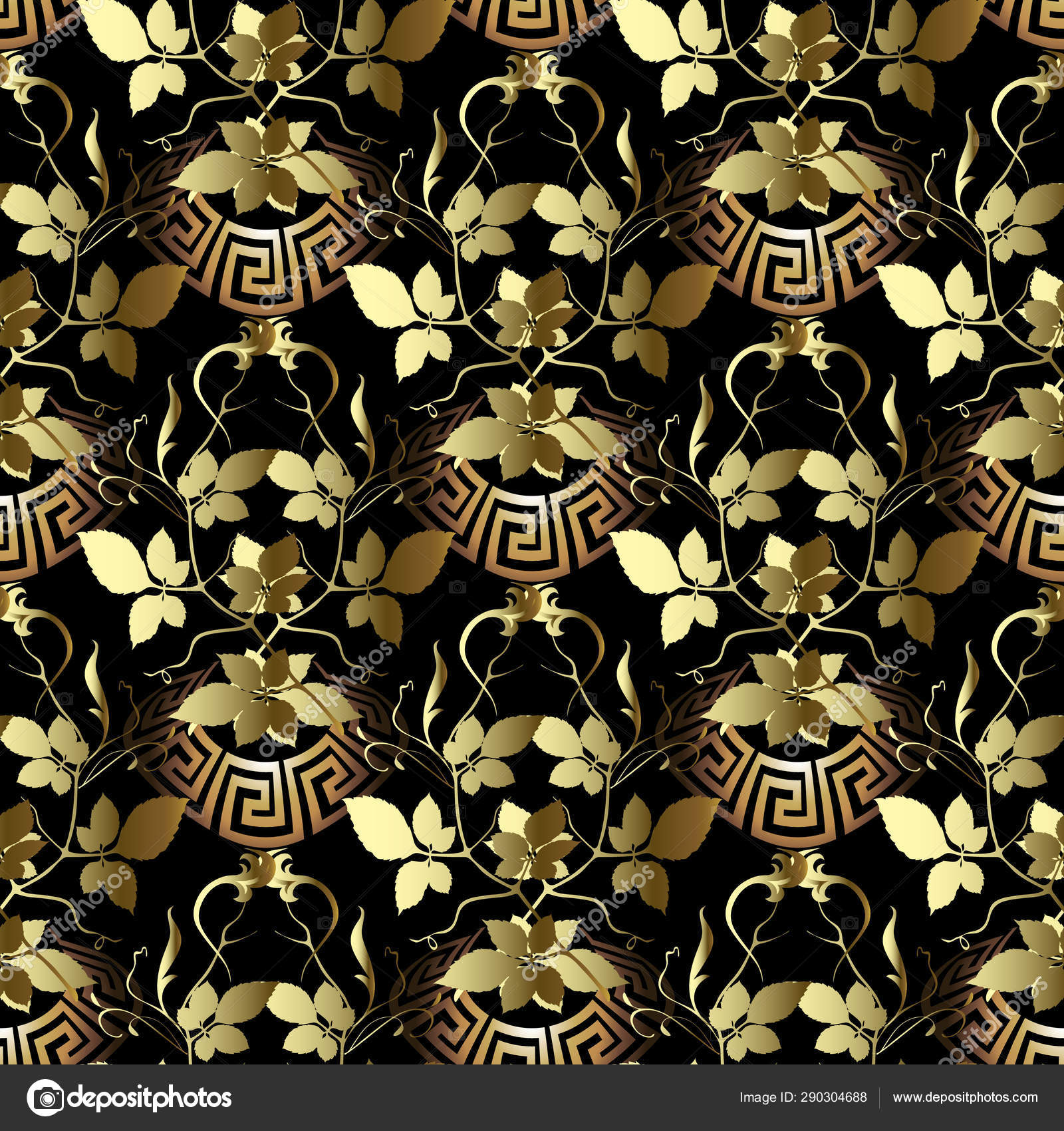 Gold leaves 3d greek vector seamless pattern. Ornamental leafy l Stock ...
