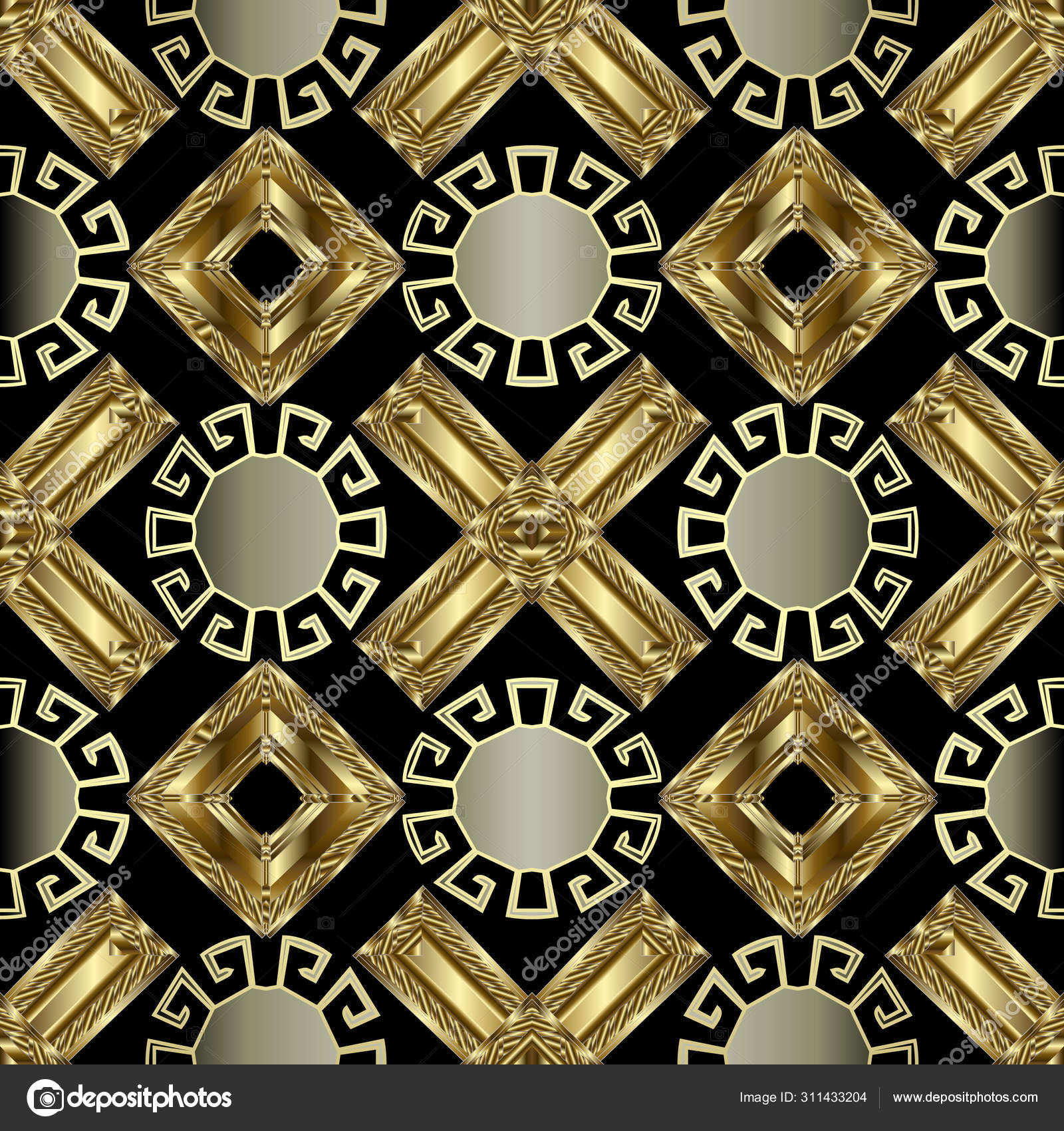 Greek key meander gold 3d seamless pattern. Vector abstract geometric ...