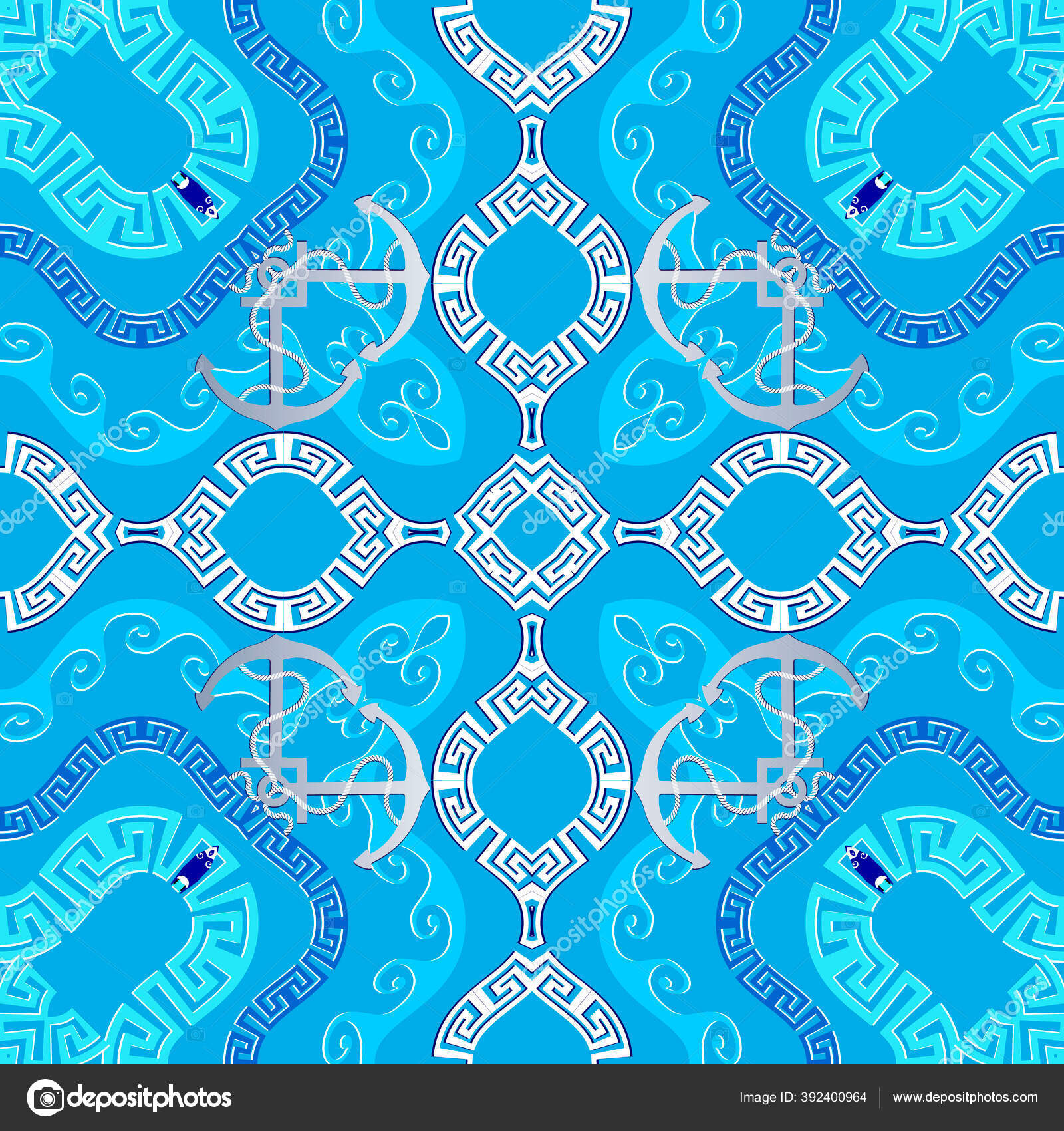 Greek Marine Seamless Pattern Vector Blue Ornamental Background Tribal ...