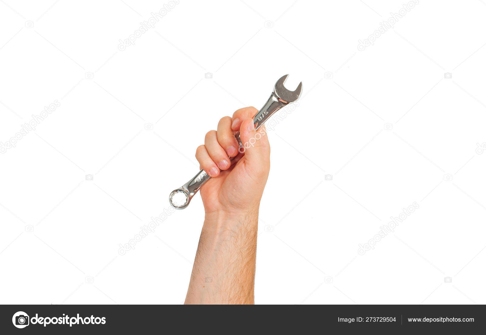 Tool. Hand is holding wrench on white background. — Stock Photo ...