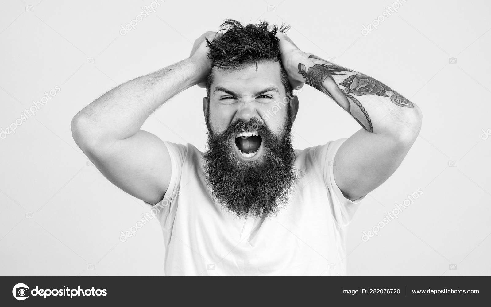 Bearded man with angry expression on a white. Aggressive man shouting ...