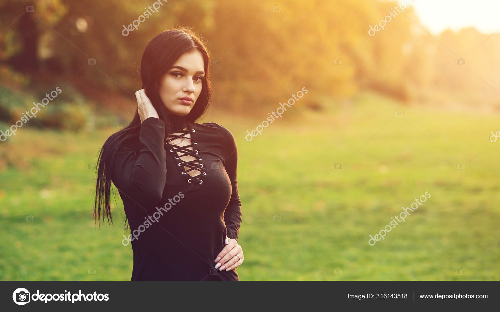 Sexy Brunette Girl Wearing Black Dress Outdoors Women Fashion And Lifestyle Sensual Lips