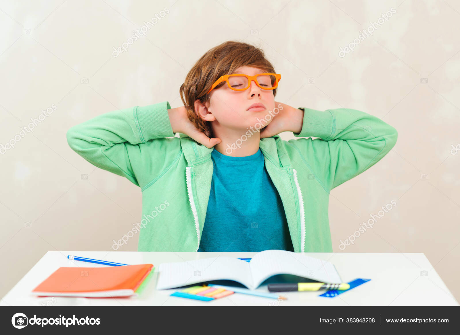 Tired Schoolboy Sitting Table Boy Doing Homework Learning Difficulties ...