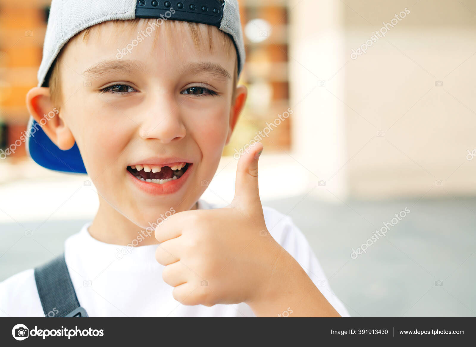Cute Little Boy Teeth Smiles Outdoors Portrait Fashionable Little Boy ...