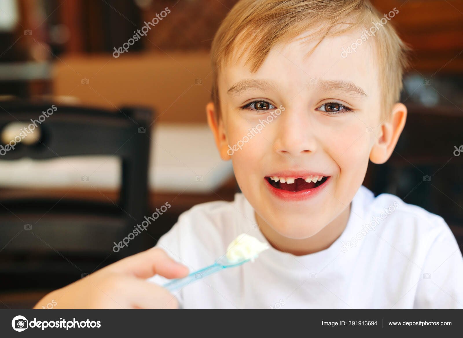 Cute Little Boy Teeth Smiles Outdoors Happy Kid Eating Favorite Stock ...