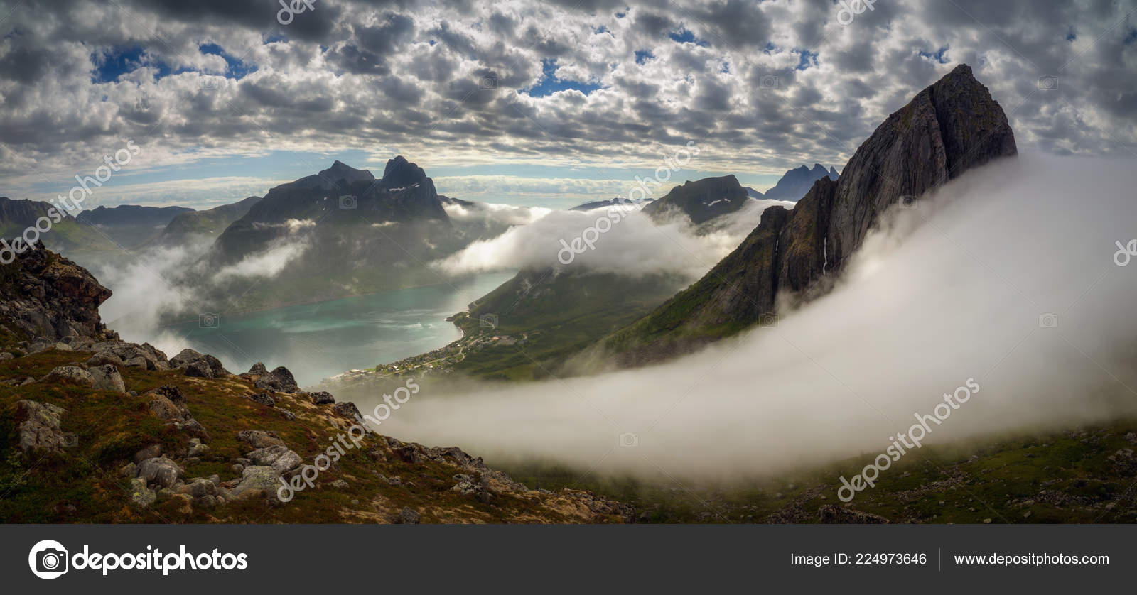 Panorama Segla Summit Fjordgard Village Sunset Senja Norway Stock Photo ...