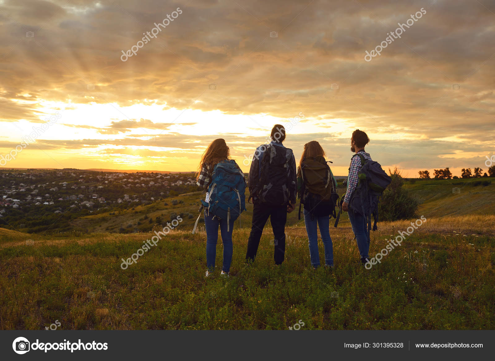 Camping tent camp people tourists standing the sunset in nature. Stock ...