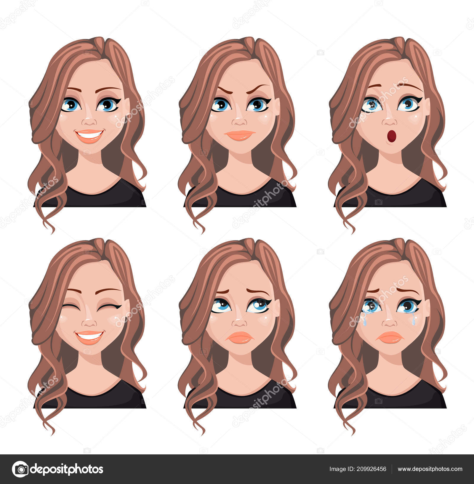 Face Expressions Realtor Woman Brown Hair Different Female Emotions Set