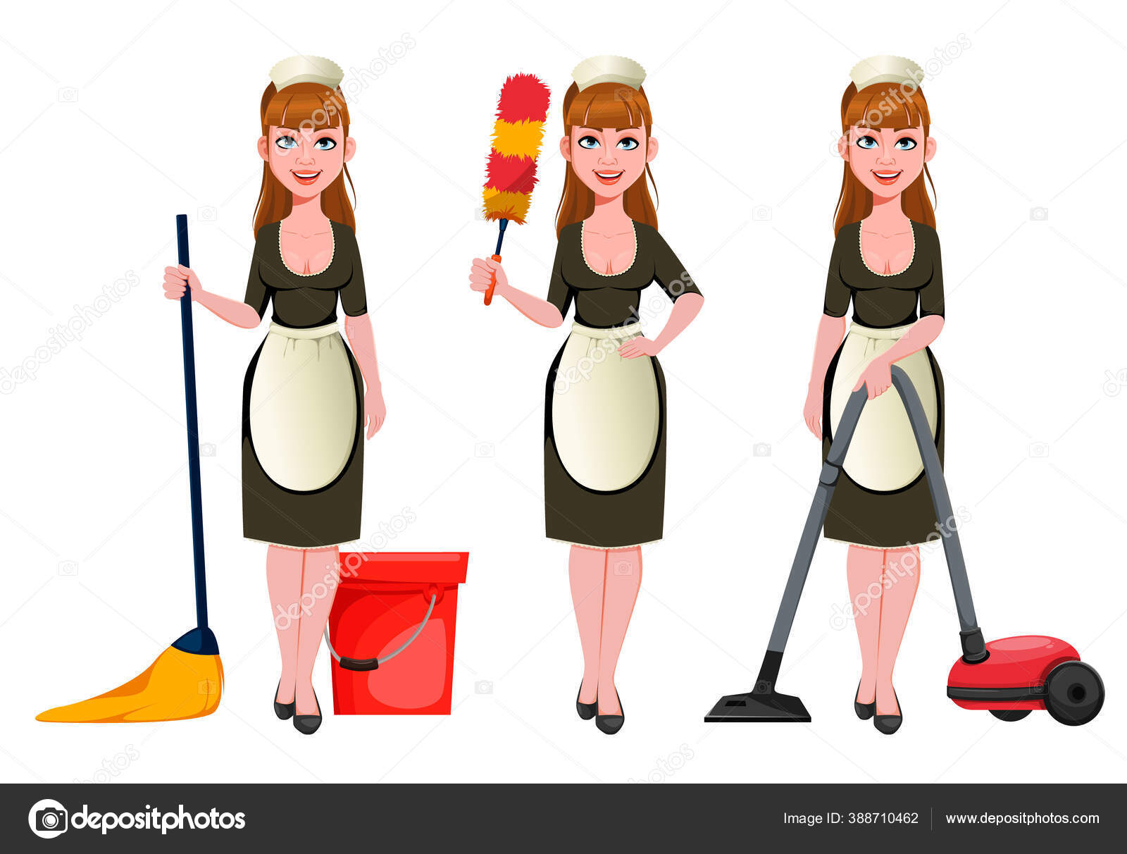 Dienstmädchen Putzfrau Lächelnde Putzfrau Drei Posen Fröhliche ...
