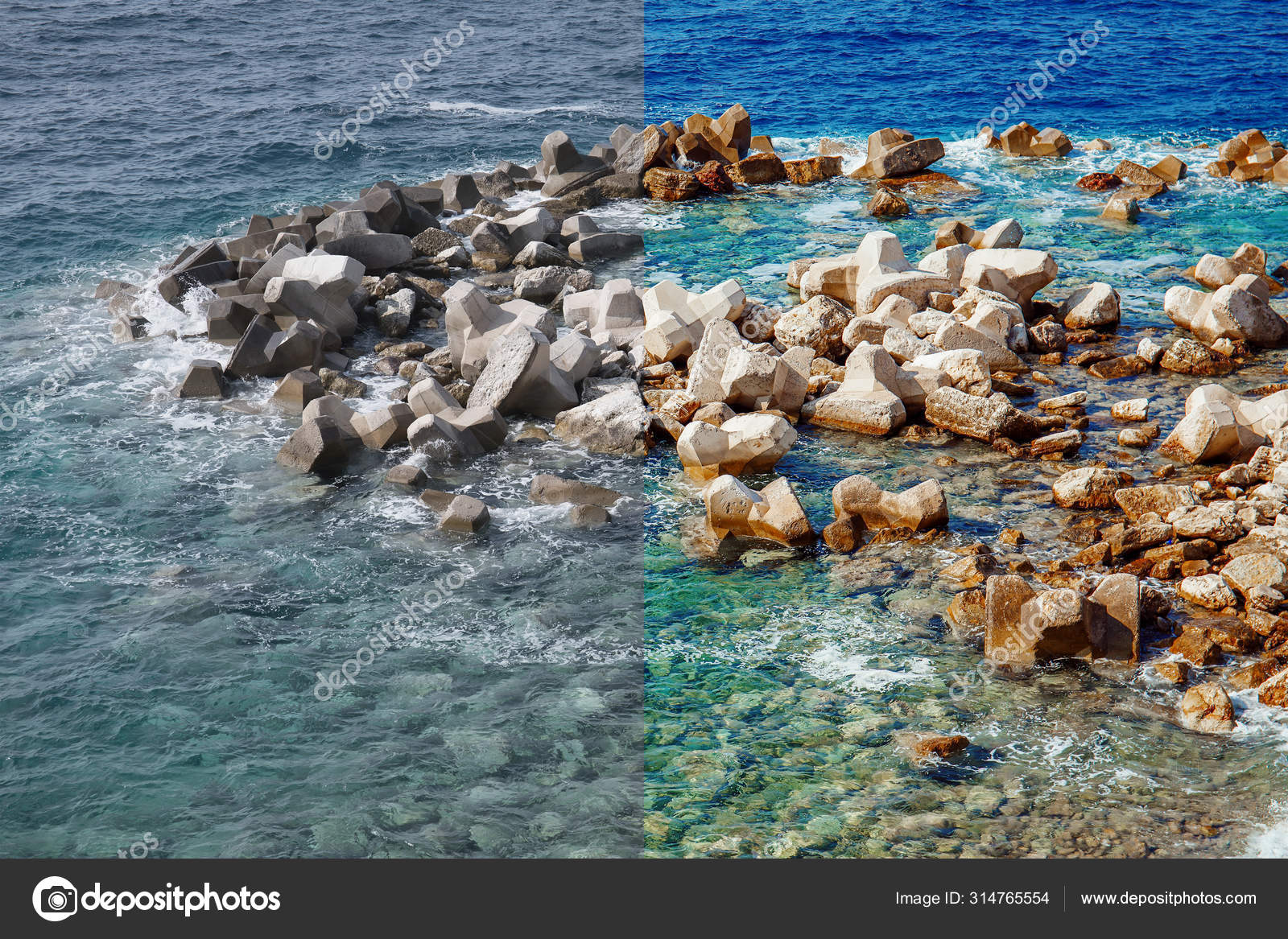 Photo before and after the image editing process. Sea rocks — Stock ...