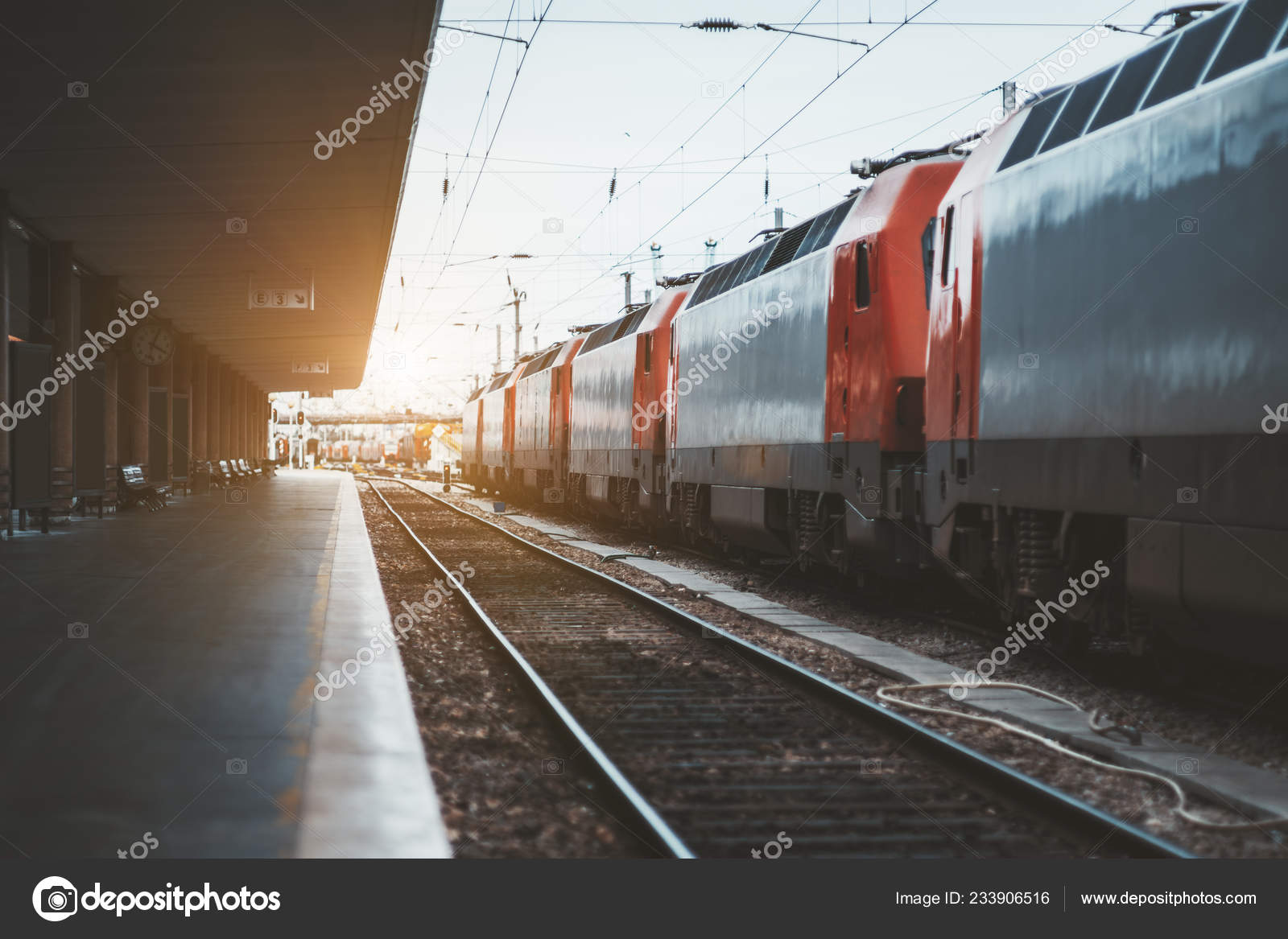 Railroad Platform One Empty Track Train Consisting Locomotives Red Grey ...