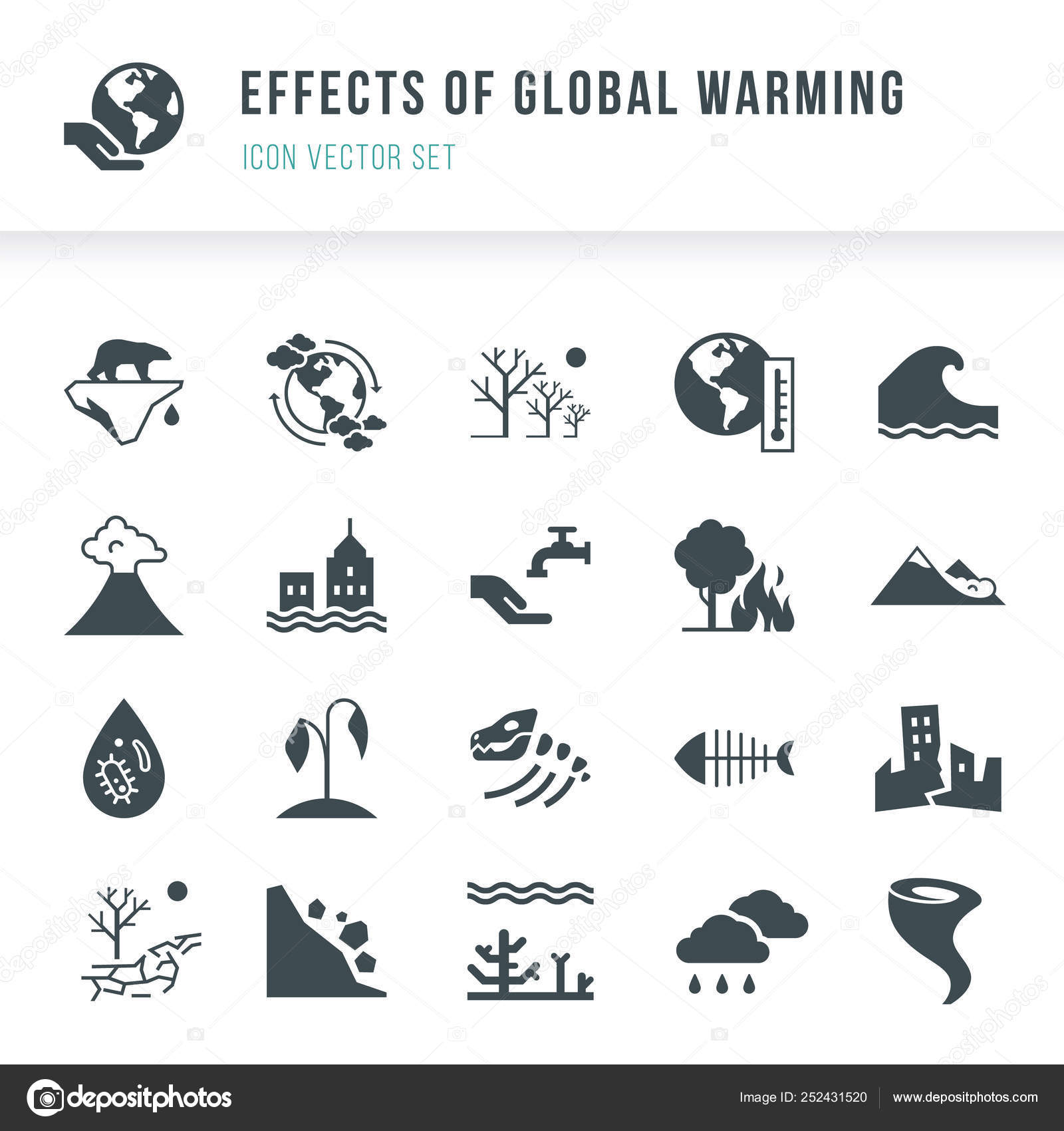 Set of global warming icons. Natural disasters caused by climate change ...