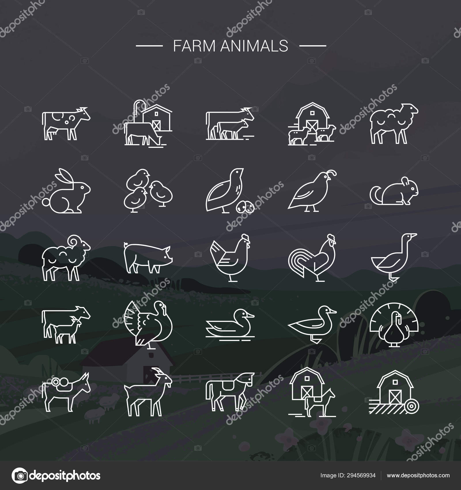 Modern farm animals symbols linear icons set of 25 icons drawn in ...