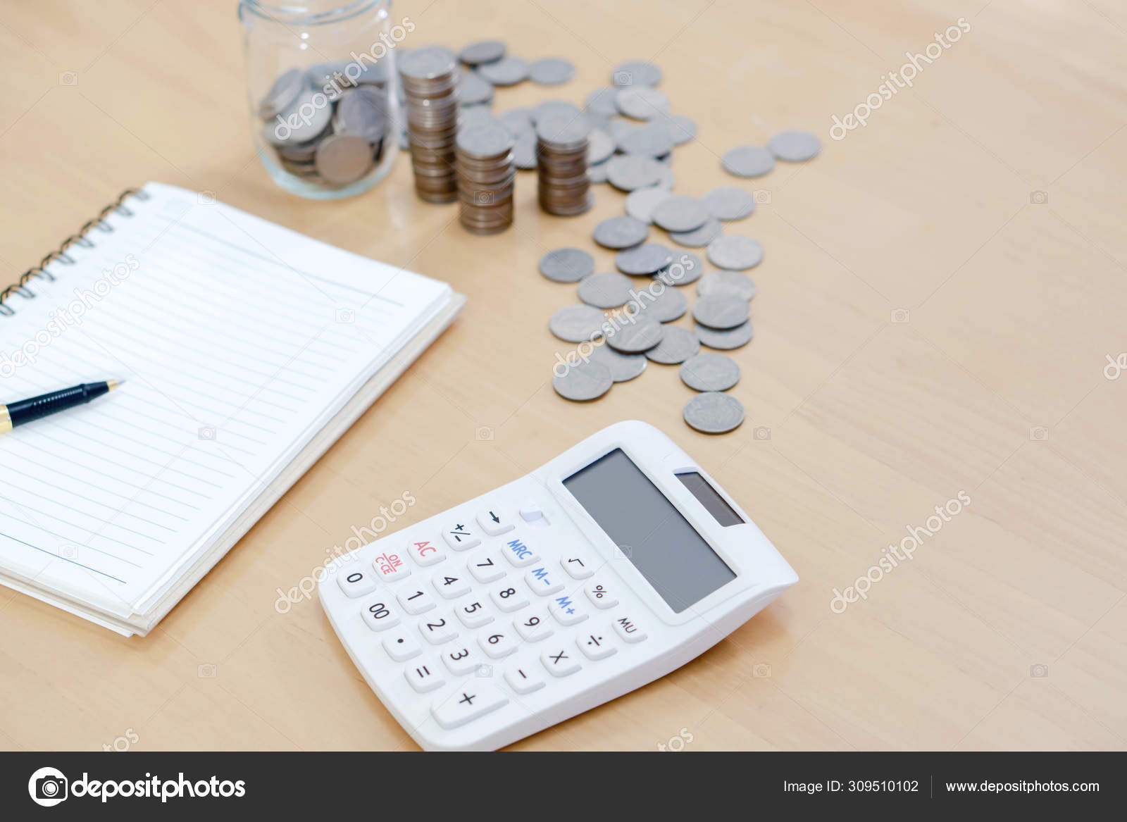 Office: Note Book, Calculator, Coins and Pen — Stock Photo © Ekachailo ...