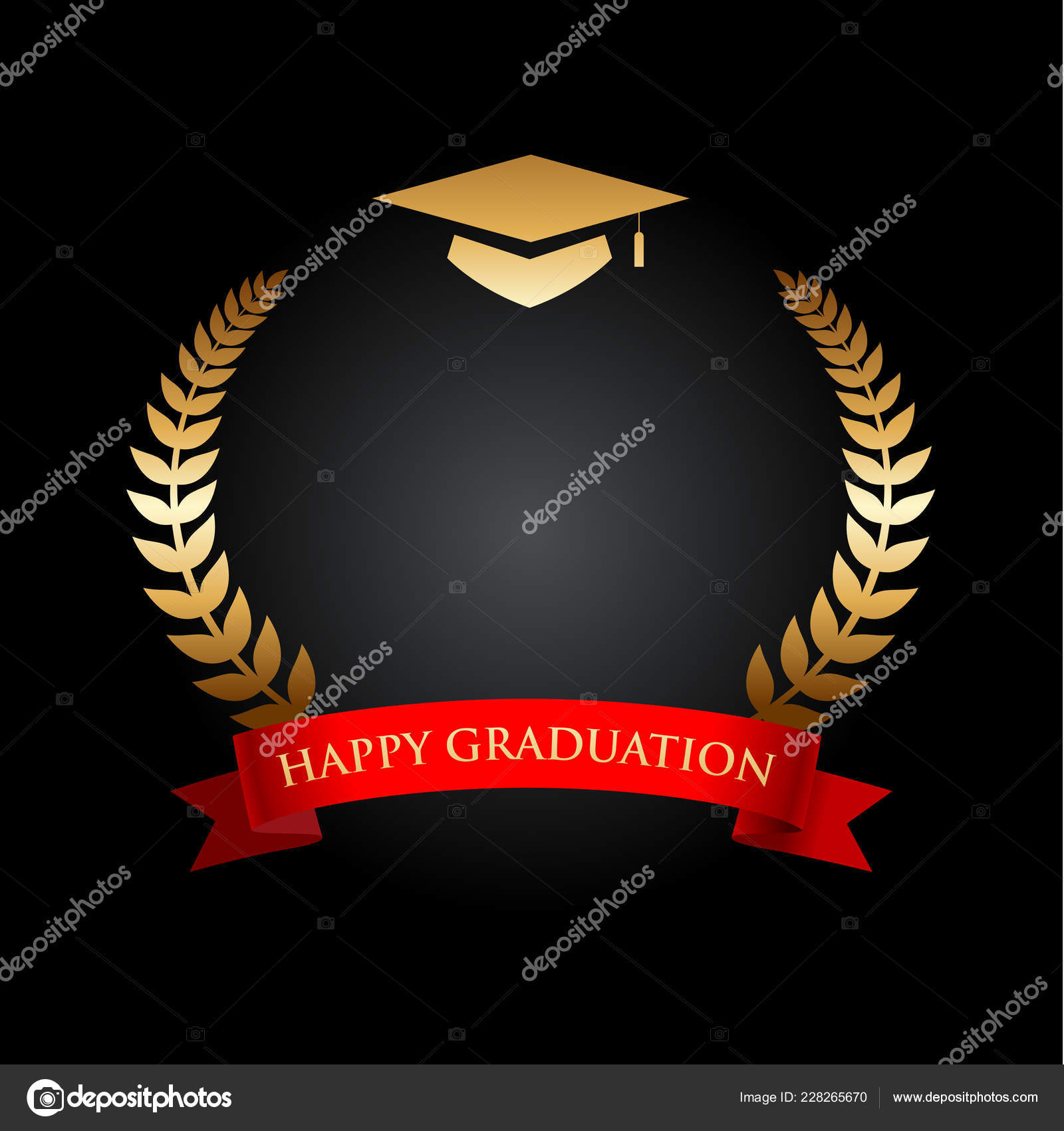 Vue du dessus du chapeau de graduation en or avec laurier et ruban ...