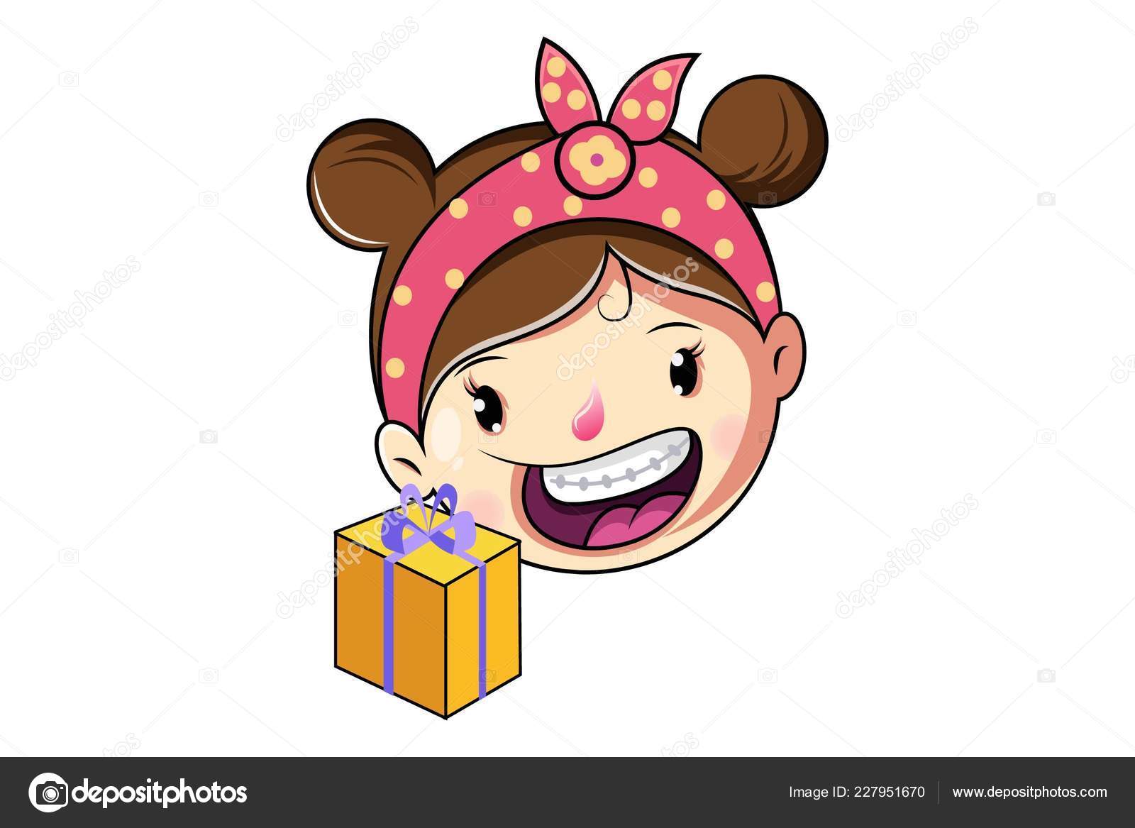 Vector Cartoon Illustration Cute Girl Face Gift Box Isolated White ...