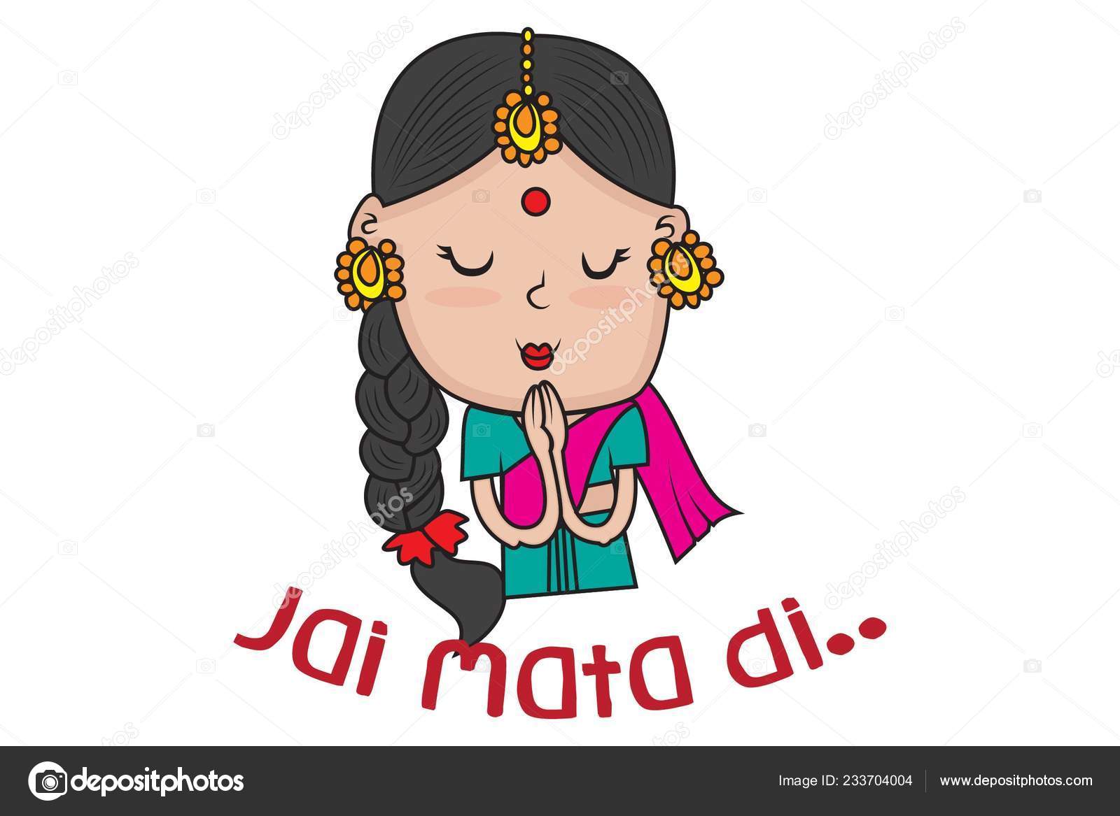 Vector Cartoon Illustration Cute Girl Saying Jai Mata Isolated White ...