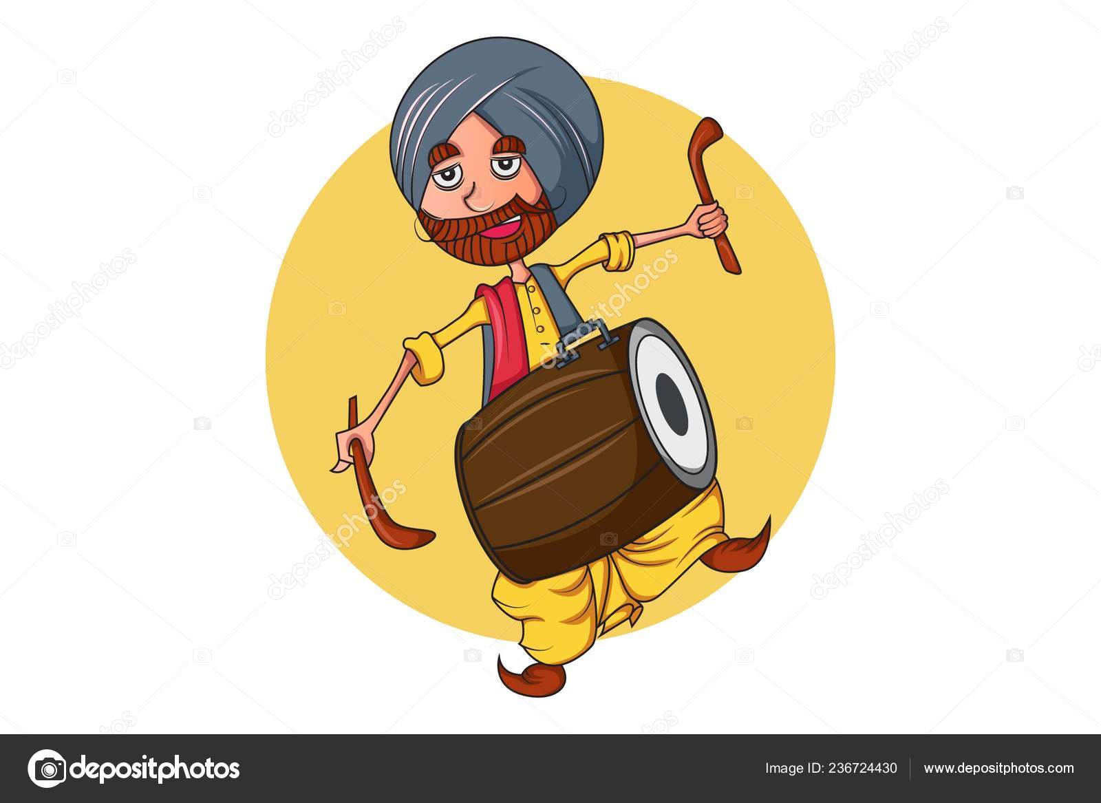 Vector Cartoon Illustration Punjabi Man Dhol Isolated White Background ...