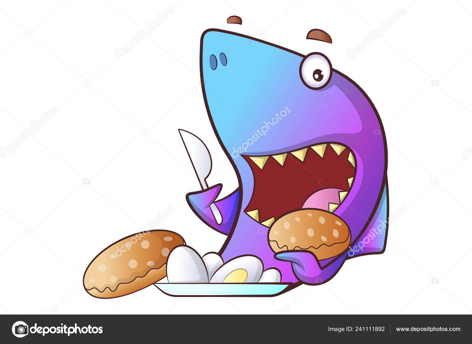 Vector Cartoon Illustration Cute Shark Eating Food Isolated White ...