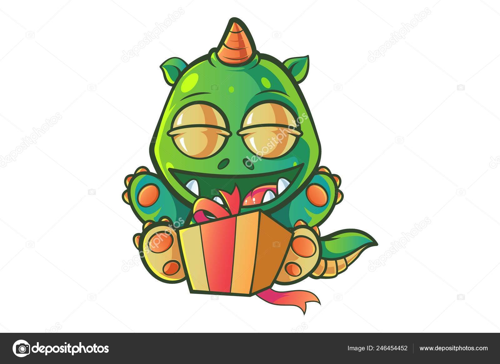 Vector Cartoon Illustration Cute Baby Dragon Gift Box Isolated White ...