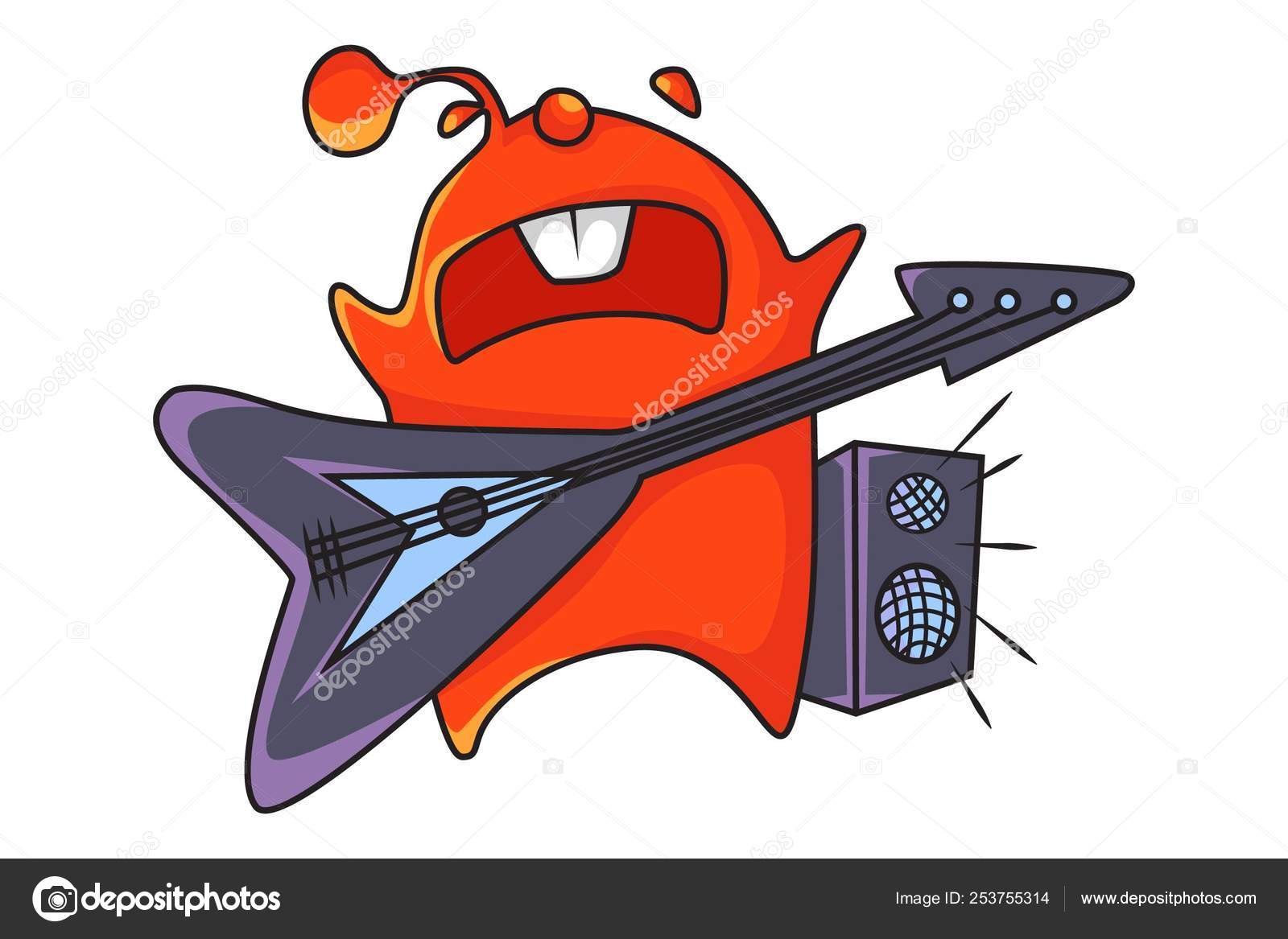 Vector Cartoon Illustration Orange Alien Playing Guitar Isolated White ...