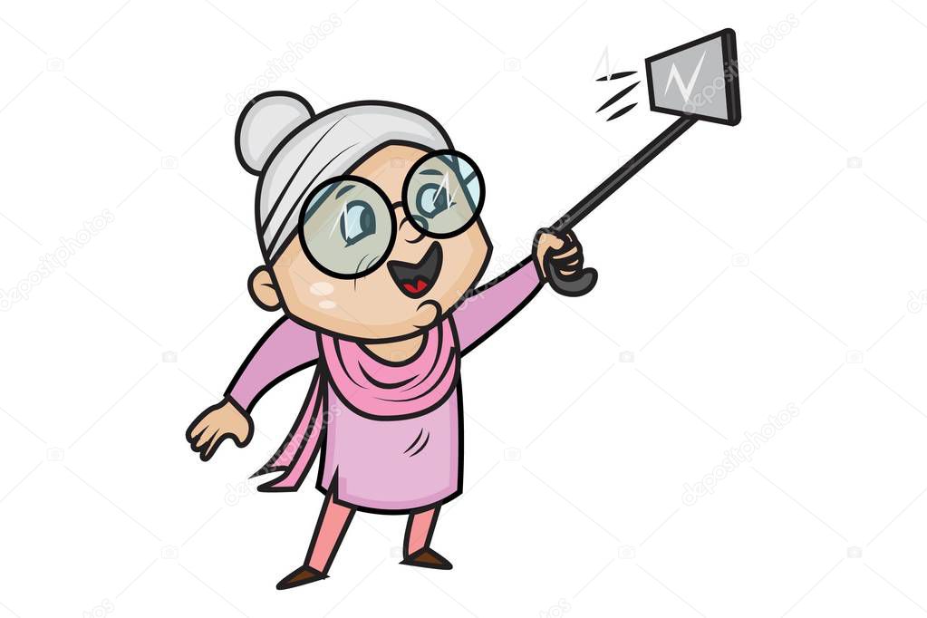 Ilustración Dibujos Animados Vectorial Linda Abuela Haciendo Clic Selfie Con Vector de stock por ...