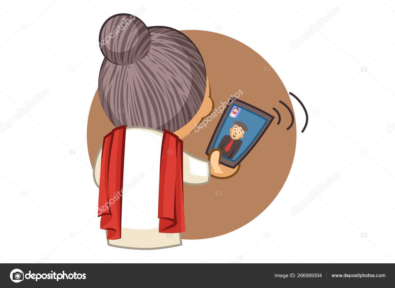 Vector Cartoon Illustration Cute Grandmother Talking Video Calling ...