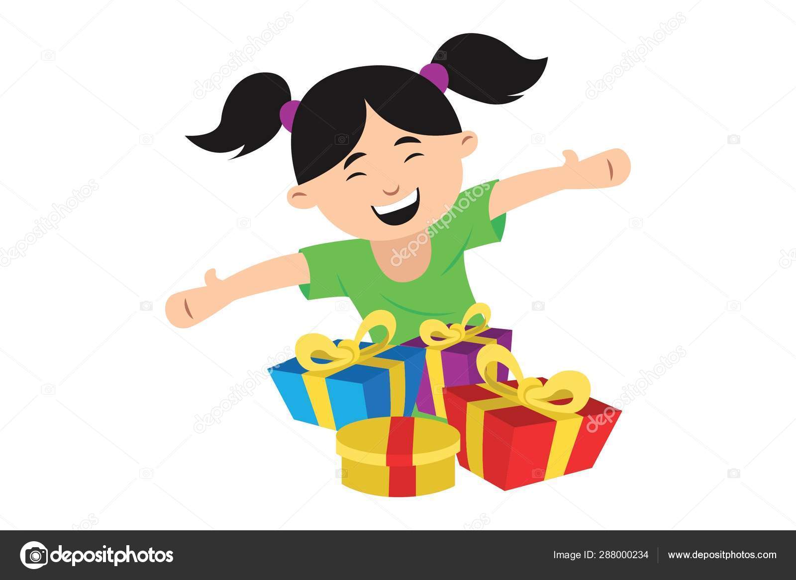 Vector Cartoon Illustration Happy Girl Gift Boxes Isolated White ...