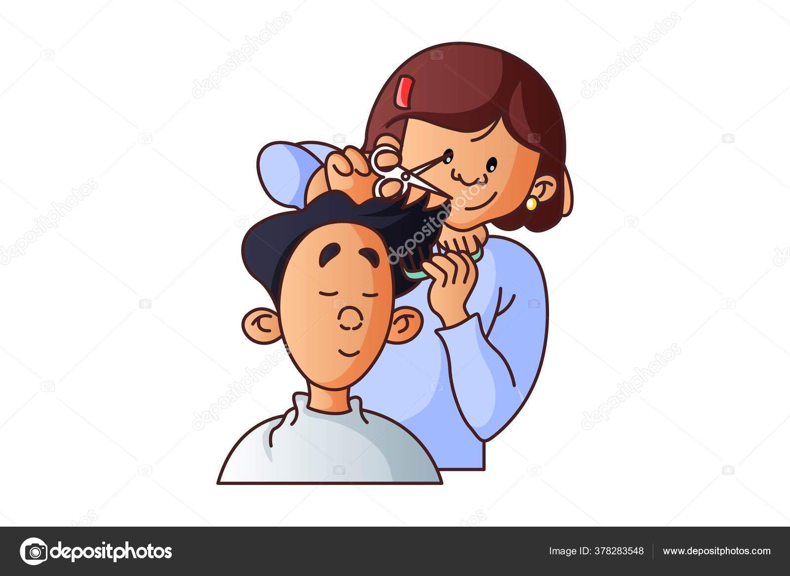 Vector Cartoon Illustration Girl Cutting Boy Hairs Isolated White ...