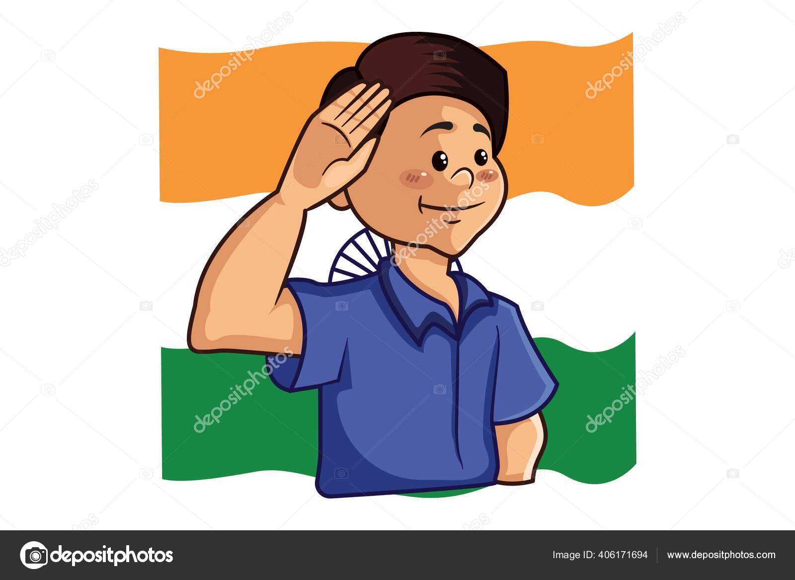 Vector Cartoon Illustration Young Boy Standing Front Flag Giving Salute ...