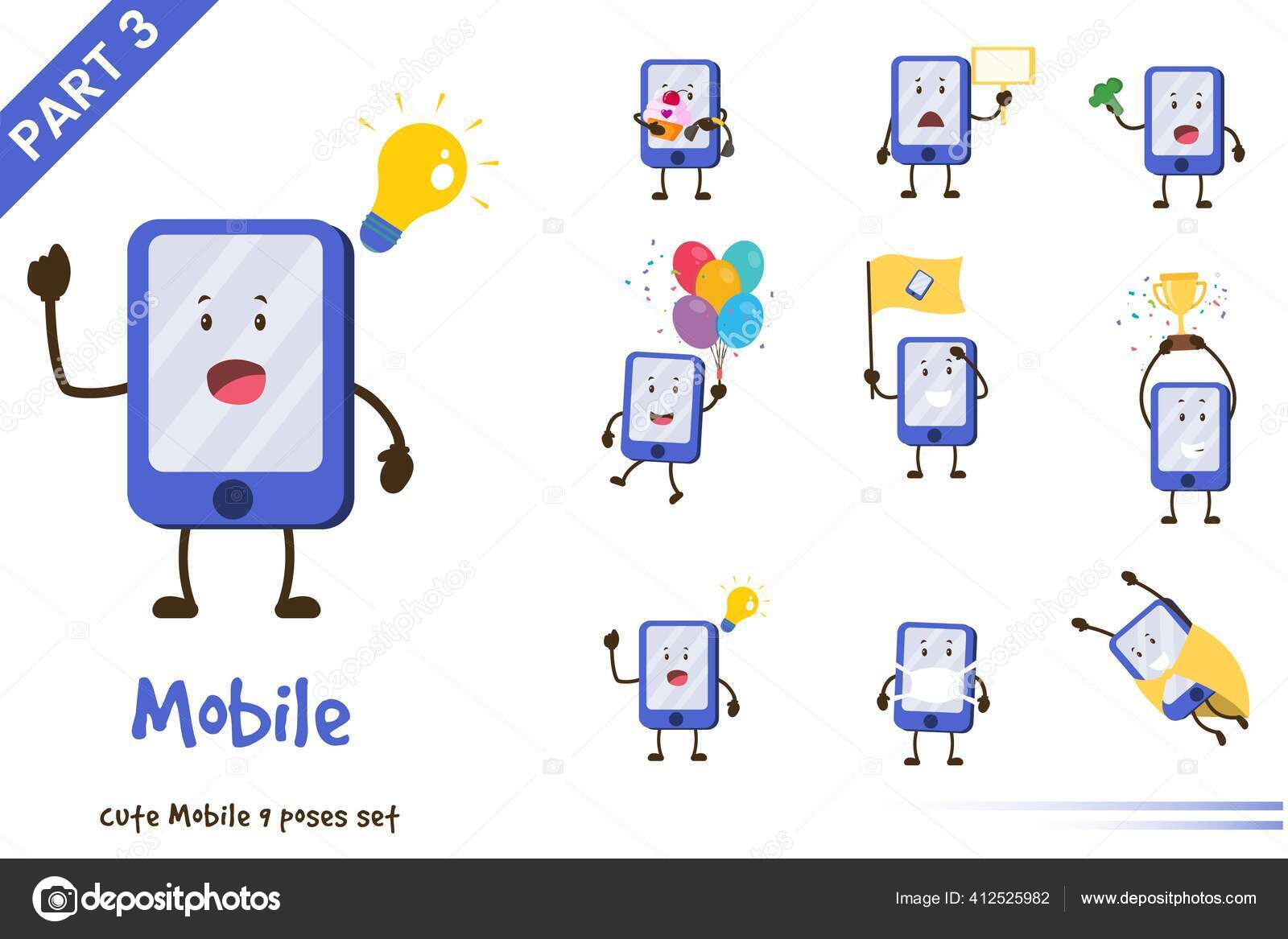 Vector Illustration Cartoon Cute Mobile Poses Set Isolated White ...
