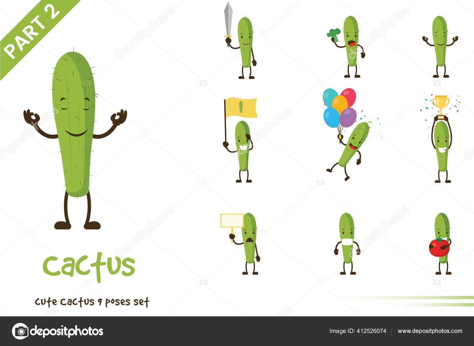 Vector Illustration Cute Cactus Poses Set Isolated White Background ...