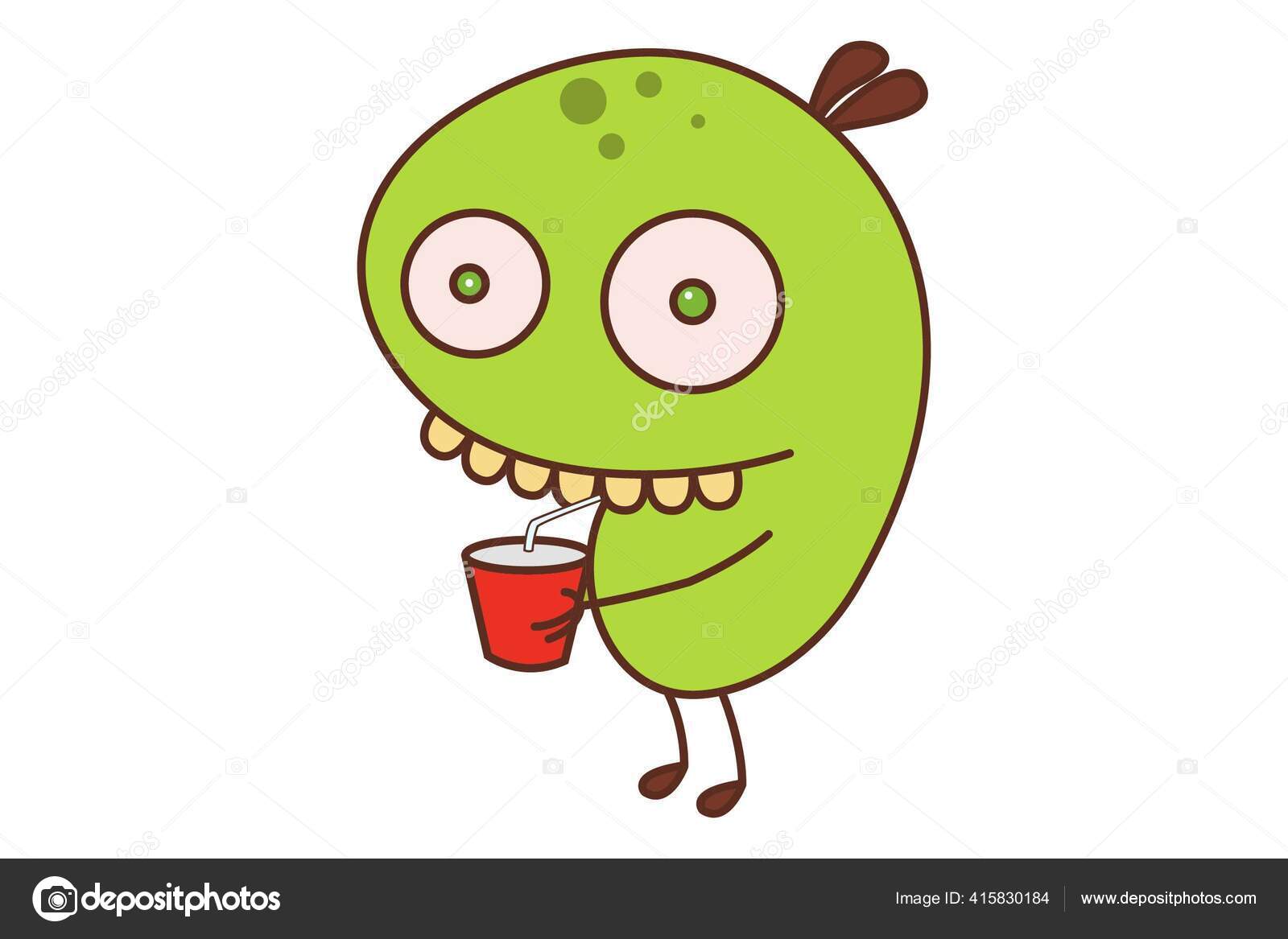 Vector Cartoon Illustration Bean Monster Drinking Juice Isolated White ...