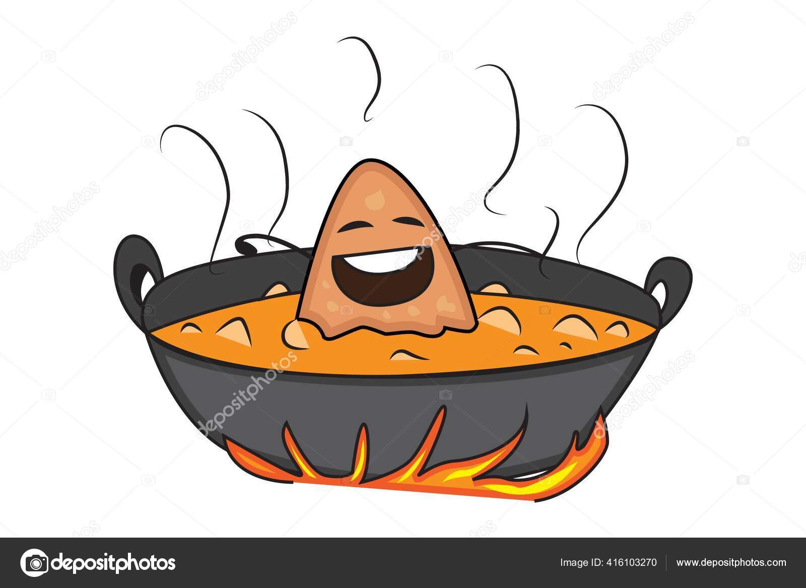 Ilustración Dibujos Animados Vectoriales Samosa Está Friendo Sartén ...