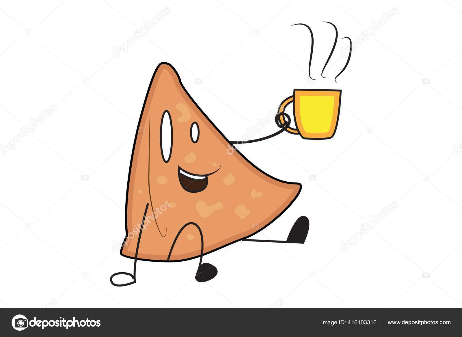Vector Cartoon Illustration Samosa Holding Cup Tea Isolated White ...