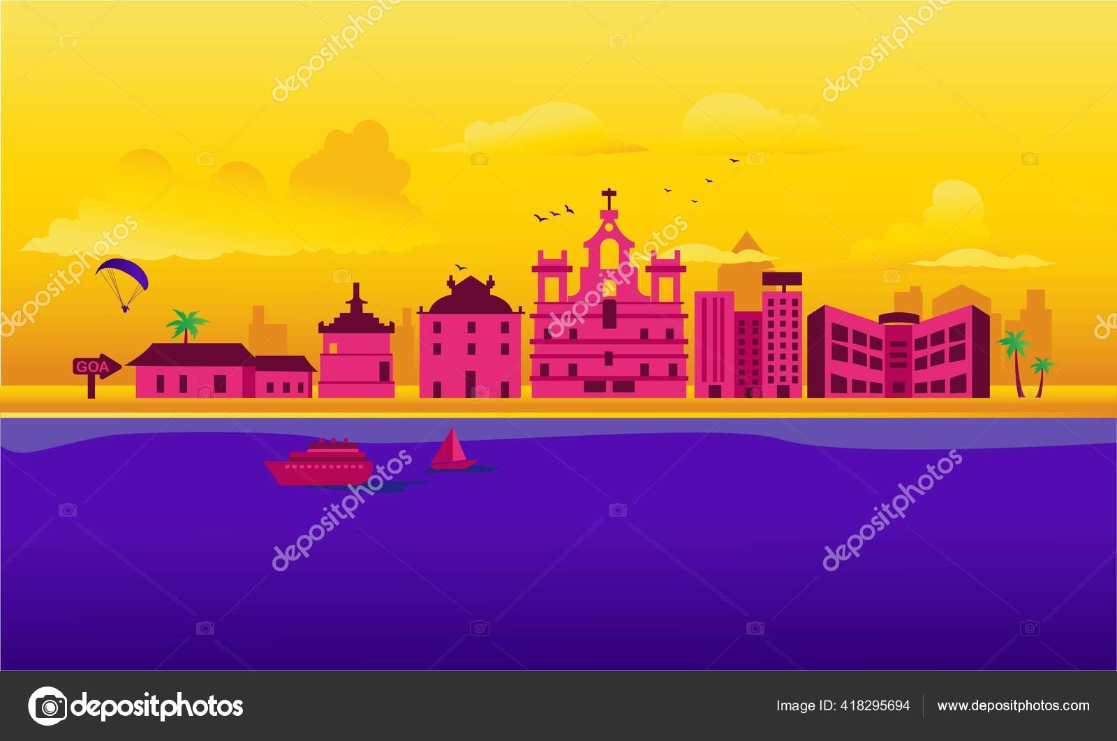 Vector Cartoon Illustration Goa Skyline Isolated Colored Background ...