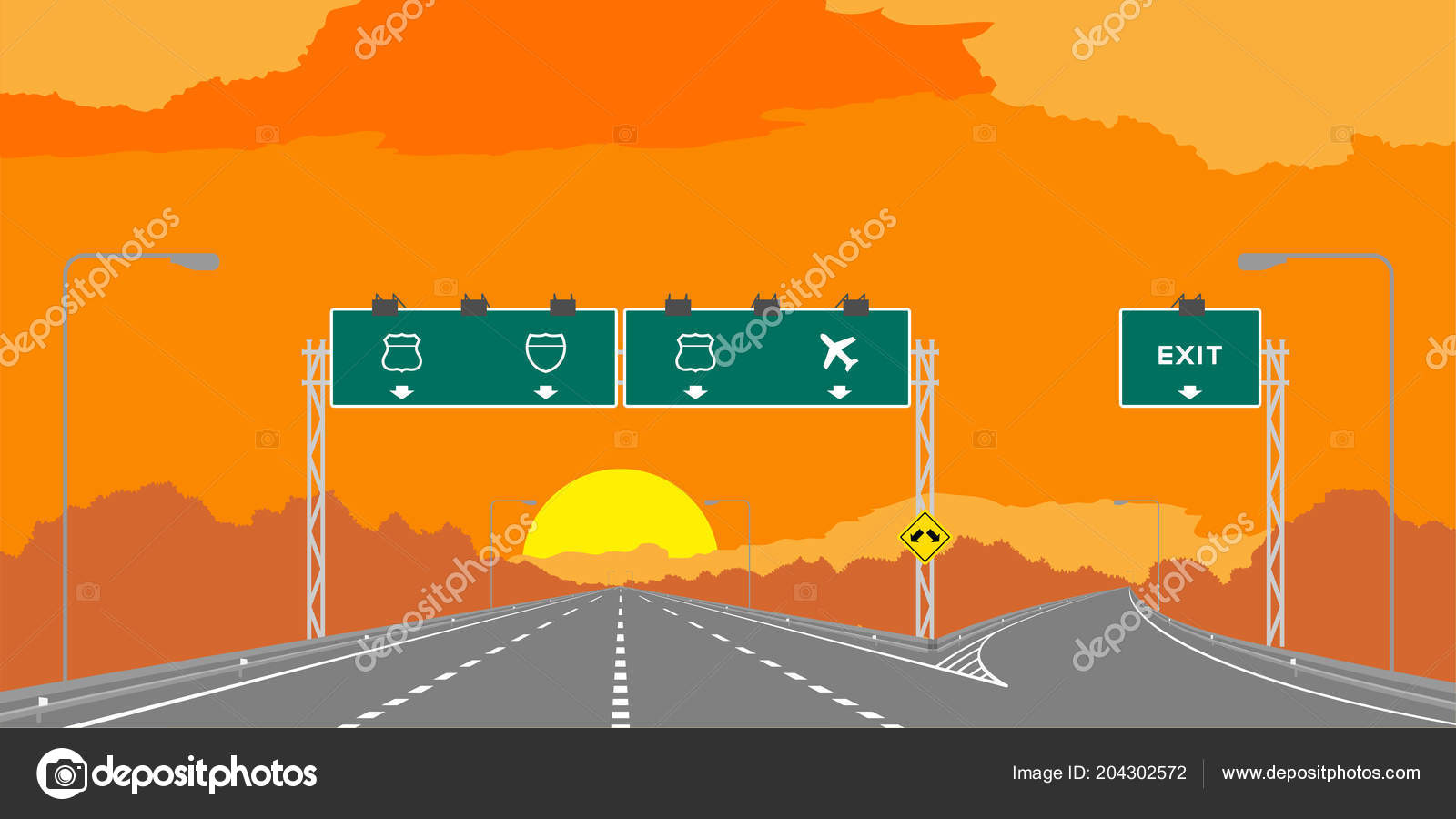 Junction Highway Motorway Green Signage Surise Sunset Time Illustration ...
