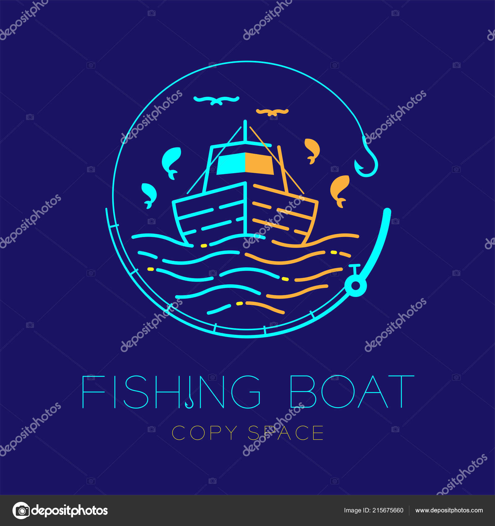 Fishing Boat Fish Seagull Wave Fishing Rod Circle Shape Logo Stock ...