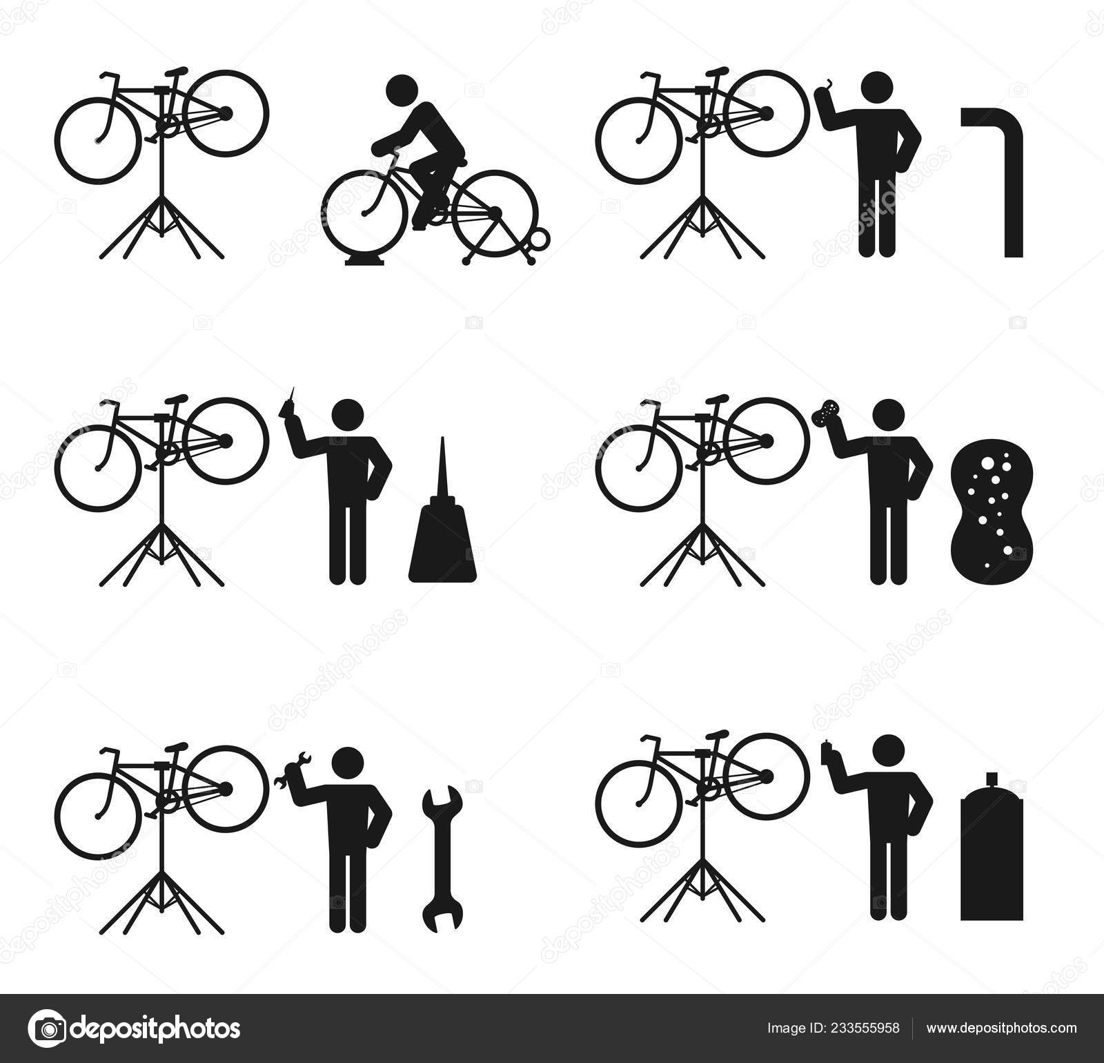 Bicycle Man Stand Holder Service Repair Icon Set Illustration Pictogram ...