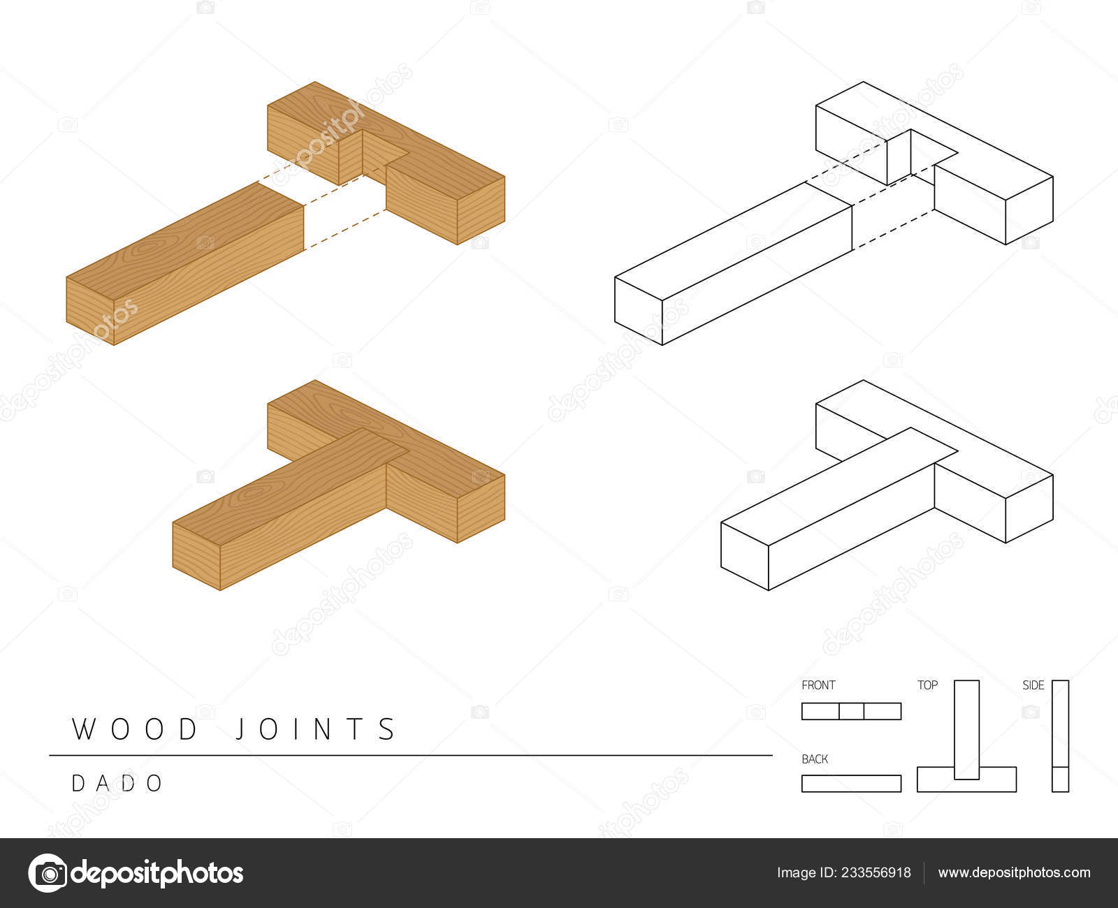 Type Wood Joint Set Dado Style Perspective Top Front Side Stock Vector ...